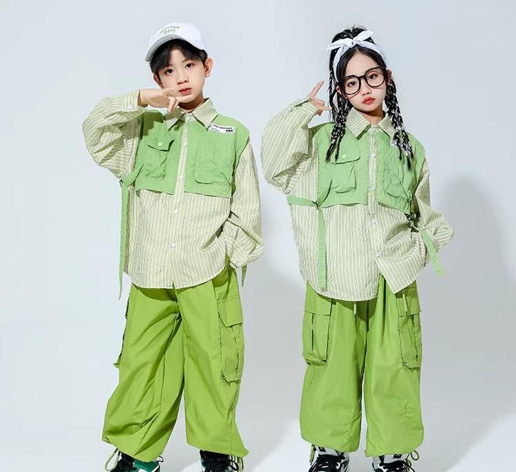 ダンス キッズ 衣装 セットアップ 男女兼用 ジュニア 子供 フェイク ツーピース ヒップホップ ストリート ジャズ パフォーマンス 舞台 練習 カジュアル 緑 黒 青