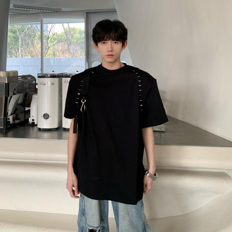 tシャツ メンズ 韓国 トップス カットソー 半袖 夏 肩パッド ラウンドネック ゆったり 大きいサイズ 無地 カジュアル シンプル 黒サイズ:SMLXL2XL生地の分類: コットンウール生地適用季節：夏