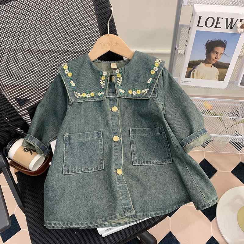 女の子 ワンピース デニム キッズ 子供服 春秋 スカート 長袖 襟付き 花 刺繡 ボタン ポケット ゆったり カジュアル かわいい 青生地: デニム参考身長：90cm 100cm 110cm 120cm 130cm 140cm適用季節：春秋