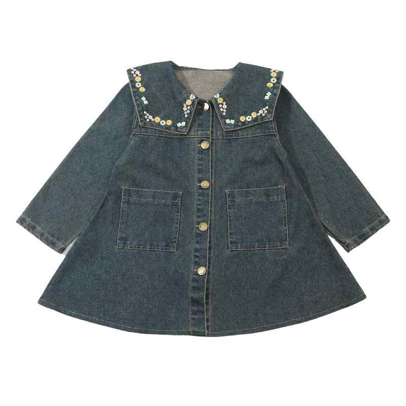 女の子 ワンピース デニム キッズ 子供服 春秋 スカート 韓国 長袖 襟付き 花 刺繡 ボタン ポケット 膝上丈 柔らかい 通気性 ゆったり かわいい 青参考身長：90cm 100cm 110cm 120cm 130cm 140cm適用季...