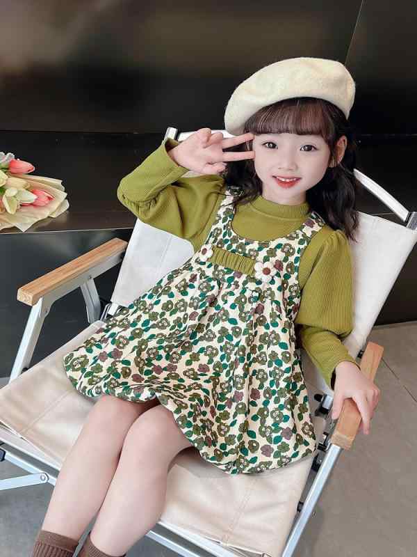 ジャンパースカート キッズ 子供 女の子 春秋 ワンピース 快適 柔らかい Aライン カジュアル 通園 通学お出かけ 韓国 花柄 かわいい 緑