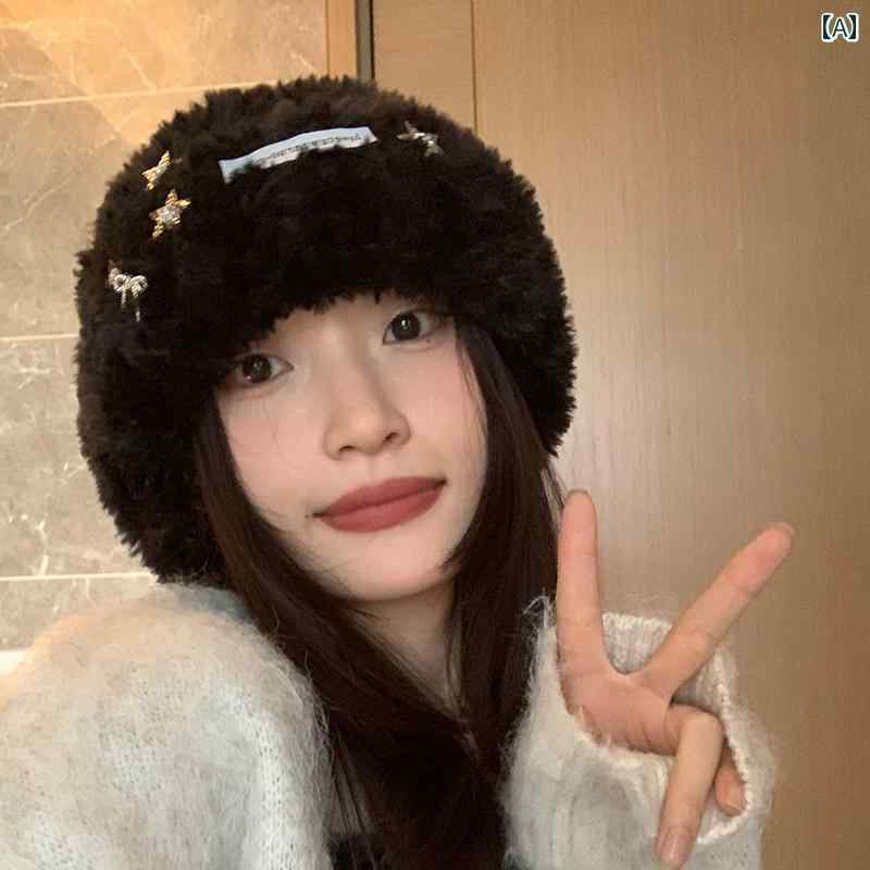 帽子 レディース 冬 韓国 ニット帽 ウール ふわふわ 防寒 保温 装飾 キラキラ レジャー ストリート シンプル カジュアル かわいい 黒 リボン 星