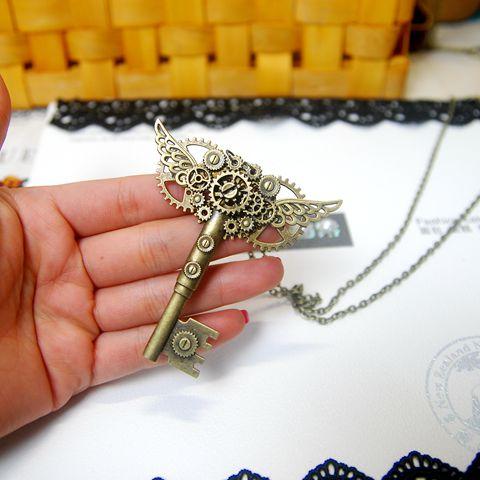 ネックレス レディース メンズ カップル お揃い ペア ペンダント アクセサリー チェーン スチームパンク おしゃれ レトロ ゴシック ロリータ 鍵 歯車 ギア 羽 プレゼント