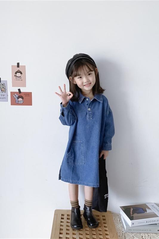 デニム ワンピース 長袖 女の子 カジュアル 春秋 韓国 ストレートスカート レトロ ボタン ポケット シンプル 無地 ゆったり ミディ丈 青