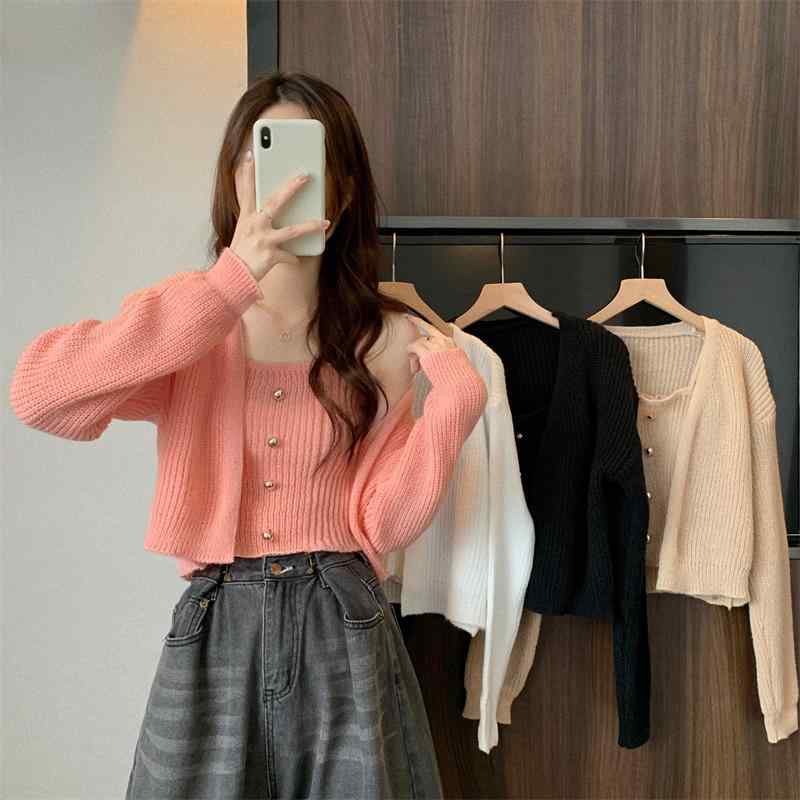 アンサンブル レディース 春秋 カーディガン キャミソール トップス インナー 2点セット ショート丈 長袖 ニット シンプル カジュアル ピンク 白 黒