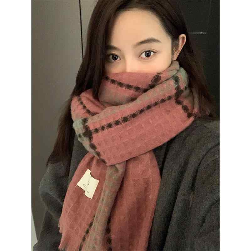 可愛い マフラー レディース 女性 韓国 秋冬 厚手 暖かい 防寒 カジュアル 普段使い 通勤 ポリエステル 繊維 ピンク チェック 柄 ワッフル風