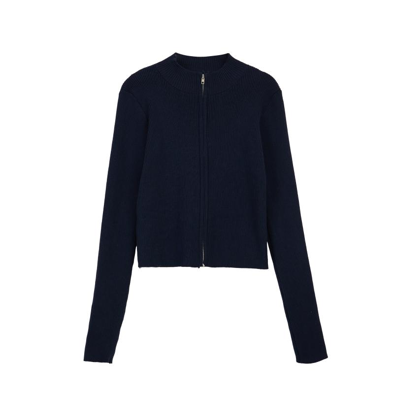 カーディガン 薄手 レディース ニット トップス 羽織もの 無地 シンプル 合わせやすい ネイビー 長袖 ショート 丈 スリムフィット ジップアップ 春秋 おしゃれ