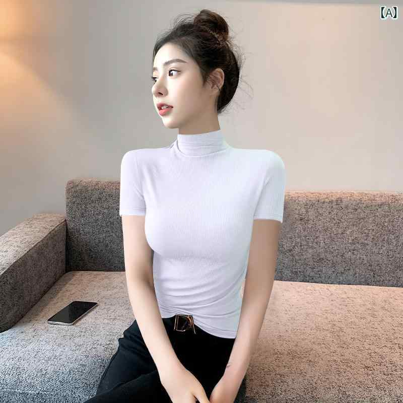 ハイネック 半袖 レディース 大人 夏 トップス リブ モダール 薄手 スリムフィット 快適 柔らかい おしゃれ エレガント シンプル 無地 大きいサイズ 白 黒 グレー お出かけ 日常