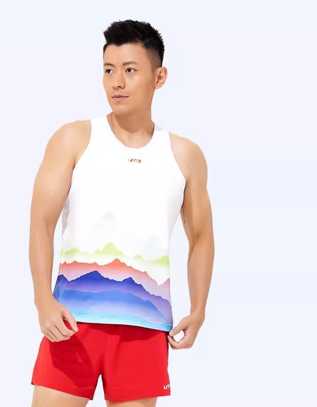 トレーニングウエア メンズ ランニング ベスト プリント フィットネス ノースリーブ 吸汗 速乾 通気性 スポーツ トップス I字型 山 カラフル 白