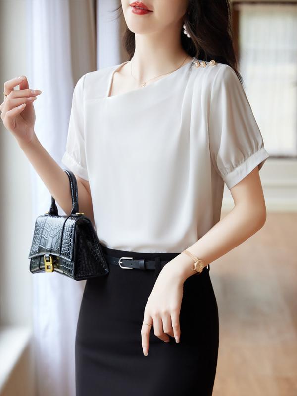 ・カテゴリ: シャツ・主な素材: ポリエステル、ポリウレタン・ポリウレタン含有量: 30%以下・スタイル: プルオーバー、エレガント、通勤・シルエット: ルーズ・ネックライン: アシンメトリーネック・袖丈: 半袖・袖の形状: 通常の袖・柄:...