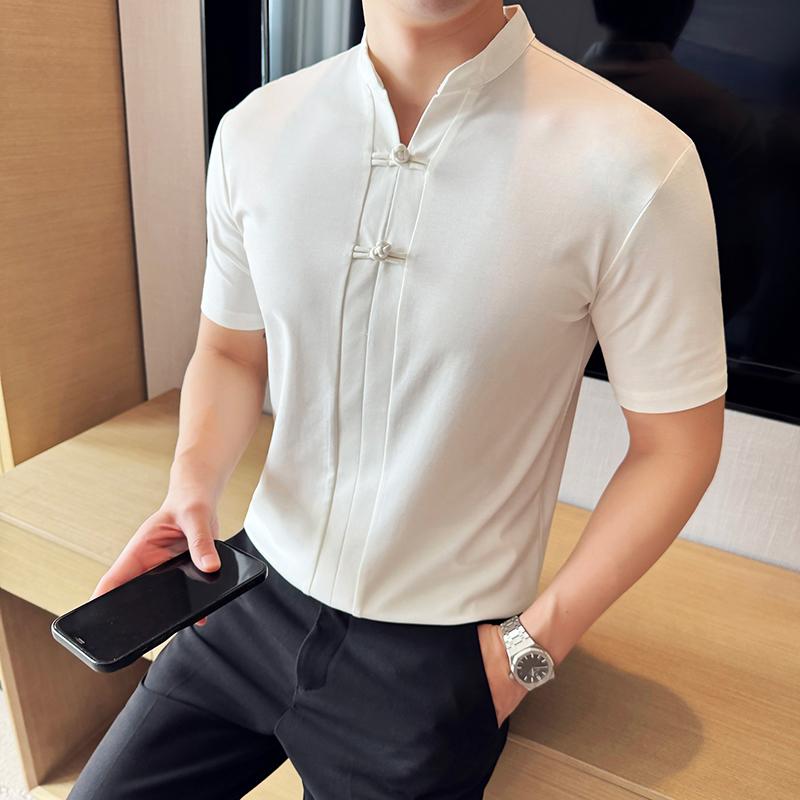 立ち襟 半袖 メンズ 夏 涼しい ひんやり 薄手 カジュアル チャイナ風 ボタン スタンドカラー t シャツ トップス スリムフィット 無地 大きいサイズ 黒 白 シンプル