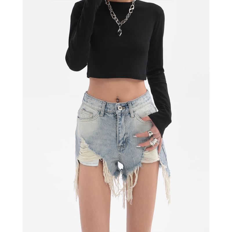 ショートパンツ レディース 春夏 大人 短パン カジュアル お出かけ ショッピング ビーチ おしゃれ デニム ハイウエスト レトロ ダメージ 青 黒素材構成: コットン100