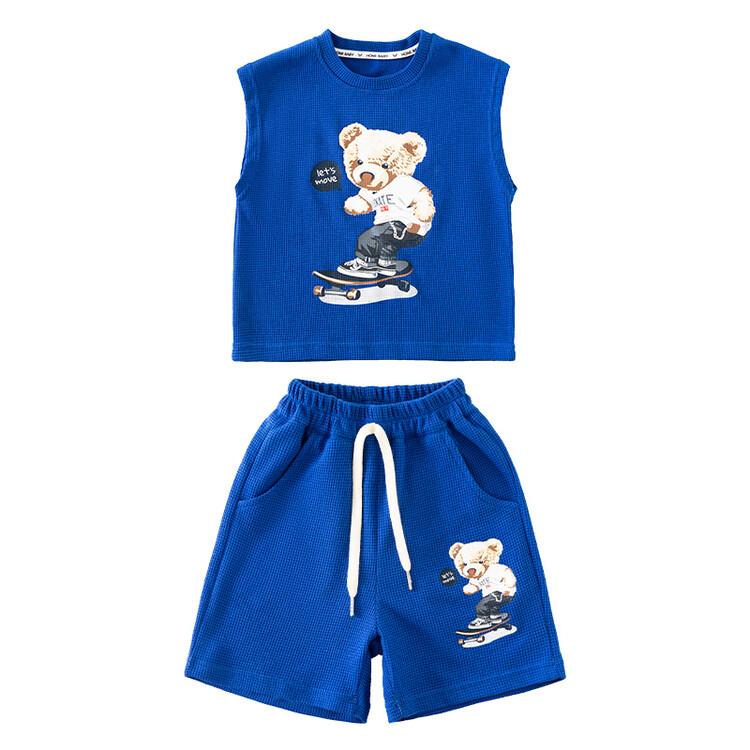 セット内容: 2点セット 素材: 綿混紡 シルエット: ノースリーブ＋ショートパンツ 厚さ: 薄手 前開き: プルオーバー 柄: プリント デザイン: フードなし 着用: 着用あり カラー: ブルー.ベージュ