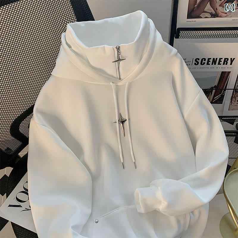 パーカー メンズ 春 プルオーバー ハイネック スウェット カジュアル スポーツ レトロ フード トップス 大きいサイズ ゆったり カンガルーポケット 白 黒 緑