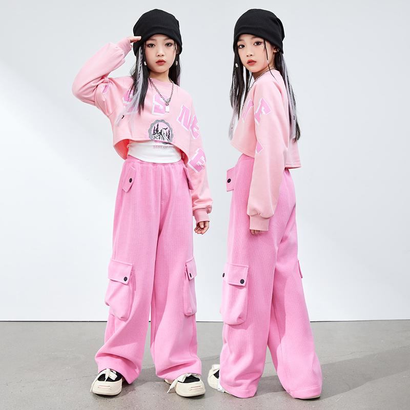 ダンス衣装 セットアップ キッズ 女の子 ステージ パフォーマンス ヒップホップ ストリート 子供 練習服 トップス 長袖 ボトムス 長ズボン キャミソール ゆったり カジュアル ピンク素材: 綿