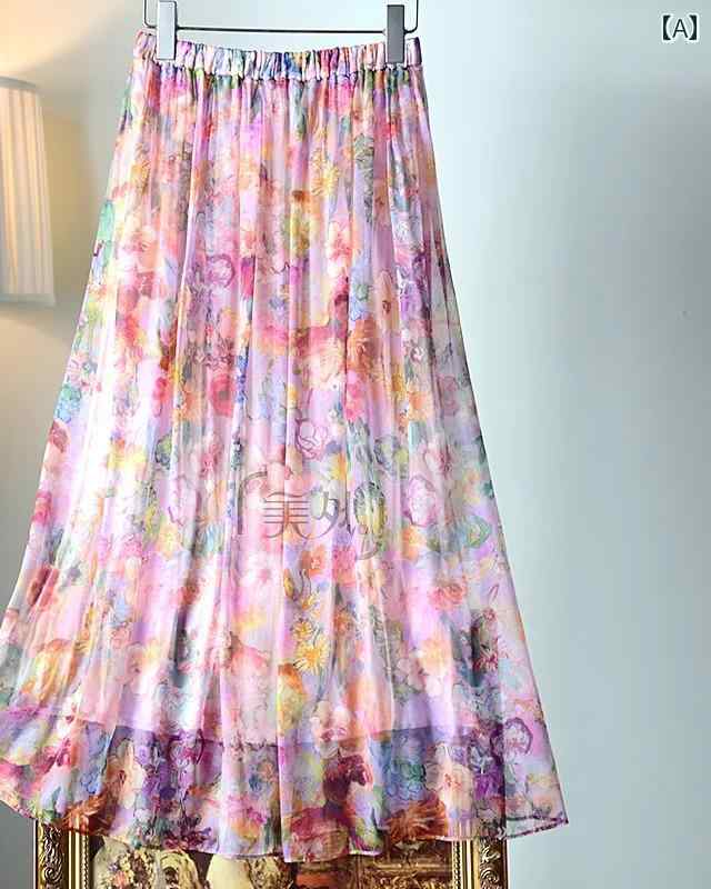 スカート ロング プリーツ レディース 春夏 Aライン 細見え カラフル フェミニン 通気性 シアー ハイウエスト 大きいサイズ 柔らかい 花柄 紫