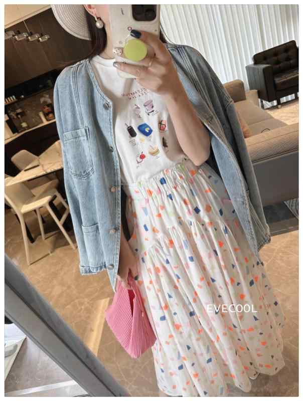 スカート マキシ丈 レディース 韓国 春夏 ゴム ハイウエスト カラフル ギャザー ボリューム Aライン プリント 裏地なし ポケット 白