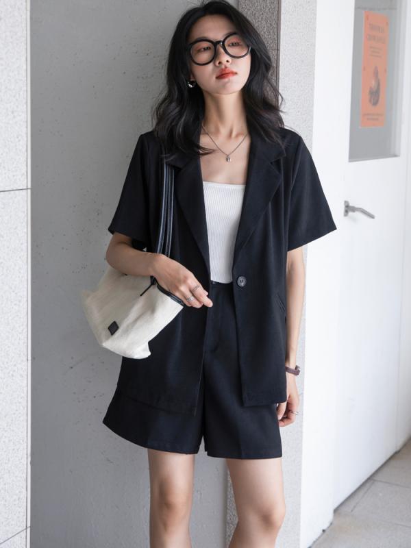 セットアップ レディース ショートパンツ ジャケット ボトムス トップス 半袖 スーツ ツーピース 大きいサイズ 着回し ポケット 無地 シンプル カジュアル ベージュ 黒 グレーサイズ: S.M.L.XL.2XL生地: ポリエステル