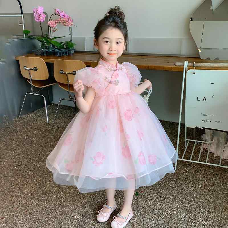 チャイナ服 子供 女の子 中国風 ドレス 夏 かわいい Aライン ワンピース チュールスカート パフスリーブ ピンク 花柄 スタンドカラー お祝い 発表会