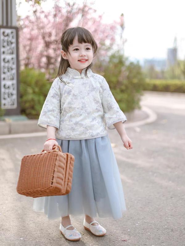 チャイナ服 子供 女の子 上下セット かわいい 長袖 シフォン スカート スタンドカラー グレー ピンク 花柄 普段使い ショッピング 撮影