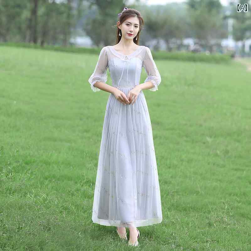 ブライズメイドドレス お揃いドレス レディース 結婚式 パーティー マキシ丈 Aライン シアー 七分袖 半袖 ハイウエスト スリム フィット おしゃれ エレガント グレー 青 ピンク 大きいサイズ 春秋ウエストタイプ: ハイウエスト袖丈：七...