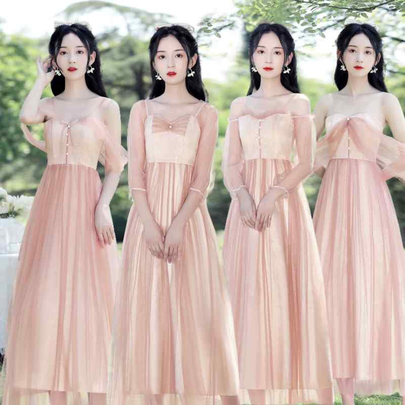 ブライズメイドドレス お揃いドレス ワンピース 結婚式 発表会 フォーマル ロング 透け感 チュール 刺繍 編み上げ 背中開き おしゃれ 大きいサイズ 茶色 青緑 ピンク生地: メッシュ生地