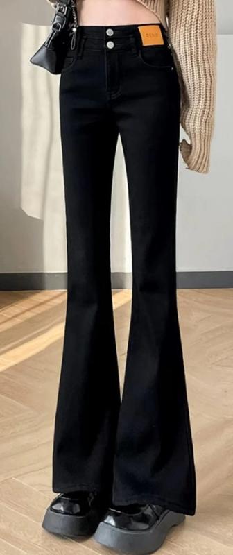 カジュアル レディース ボトムス 春秋 黒 フレアパンツ ハイウエスト スリム 美脚 小さめ ロング 9分丈 厚手 裏ボア 暖かい 大きいサイズ シンプル 20代
