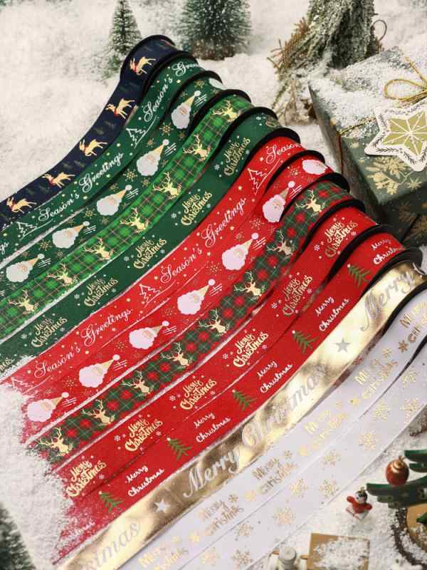 クリスマス リボン 飾り ツリー デコレーション プレゼントラッピング 包装 パーティーグッズ 雑貨 蝶結び かわいい キラキラトナカイ サンタ ベル 赤 緑 ゴールド4.5m*1.5cm4.5m*2.5cm