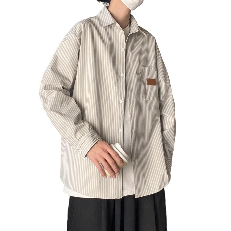 シャツ 長袖 ユニセックス トップス 羽織り 大きいサイズ ゆったり ポインテッドカラー ボタン シンプル カジュアル スタイリッシュ ストライプ柄