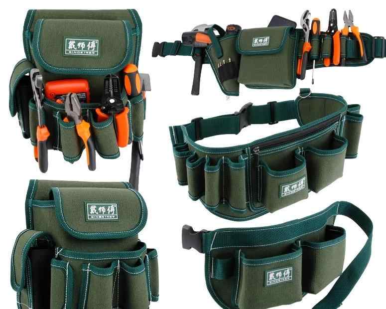 工具 バッグ 腰袋 ベルト ポーチ ツール ウエスト キャンバス 生地 軽量 防水 耐久 耐摩耗性 厚手 小物 入れ 差し 釘 収納 大容量 多機能 ポケット ポータブル 電工道具 大工 鳶 土木 作業 修理 建設 現場 緑素材: キャンバス