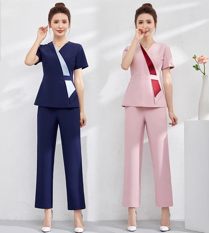 エステ ユニフォーム パンツ 美容院 フットバス 技術者 作業服 女性 豪華レストラン ヘルスセンター フットマッサージ サロン スパ スーツ 半袖 Vネック 大きいサイズ 緑 青 ピンク
