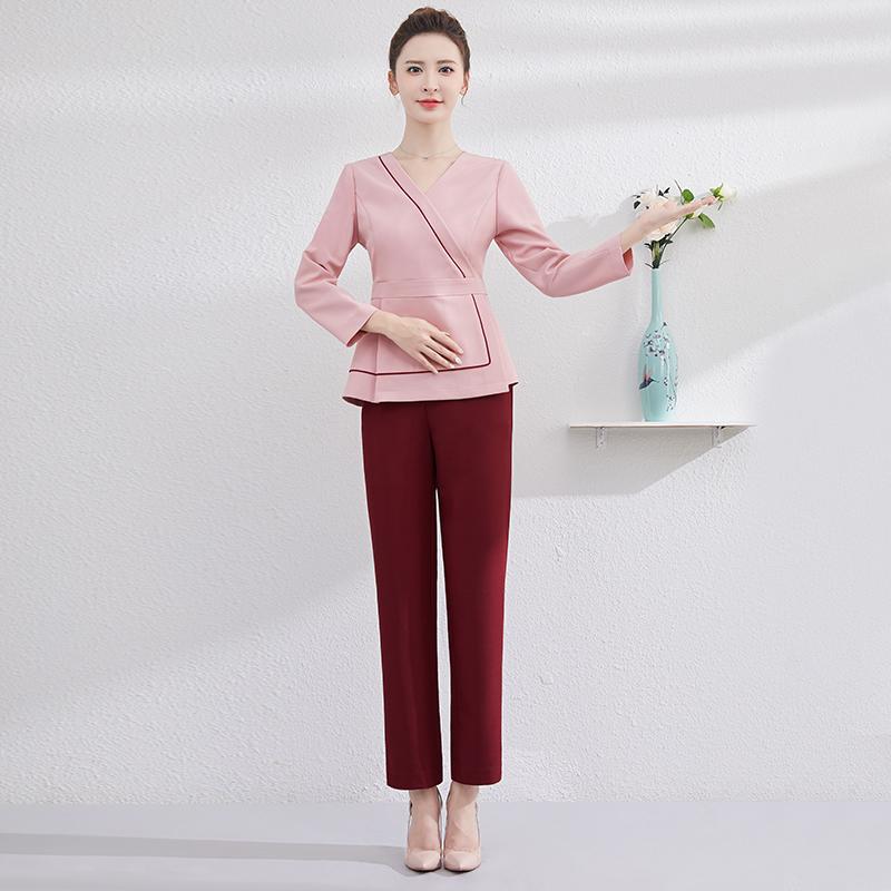 エステ ユニフォーム パンツ 女性 美容院 技術者 春秋 長袖 豪華 ホテル ヘルスセンター フットバス スパ サロン 作業服 Vネック 大きいサイズ ネイビー ピンク素材: ポリエステル