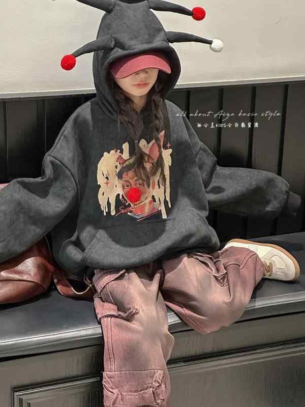 パーカー 女の子 子供服 プルオーバー 長袖 トップス 韓国 ピエロ トレーナー 厚手 秋冬 フード付き ゆったり ポケット 綿 ユニーク 黒帽子の着用の有無：帽子は取り外しできません素材構成: 綿 75% ポリエステル繊維 25%