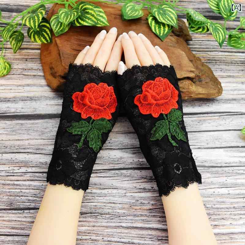 エスニック グローブ メッシュ レディース 黒 レース 刺繍 花柄 手袋 フィンガーレス 指なし リストカバー 手首丈 ショート おしゃれ エレガント パーティー ダンス ステージ 衣装 運転 日よけ レッド ブルー イエロー 薔薇 金魚テ...