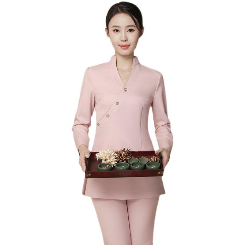 エステ ユニフォーム 上下 豪華 ホテル 技術者 作業服 レディース クリニック エレガント 秋冬 大きいサイズ 長袖 ポリエステル ピンク 白