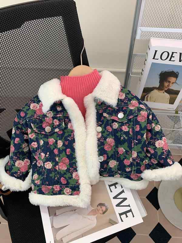キッズ デニムジャケット 女の子 冬 韓国 ファッション 花柄 かわいい 暖かい ふわふわ 長袖 裏ボア アウター おしゃれ 厚手 青