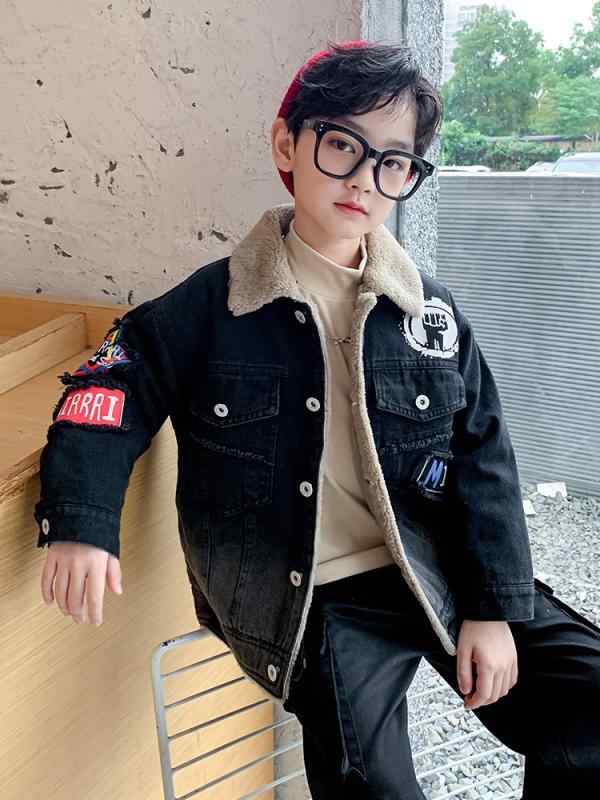 デニム ジャケット キッズ 男の子 防寒 暖かい アウター もこもこ ボア 秋冬 厚手 子供用 韓国 襟付き 前ボタン 大きいサイズ カジュアル 黒生地: デニム適用季節：冬