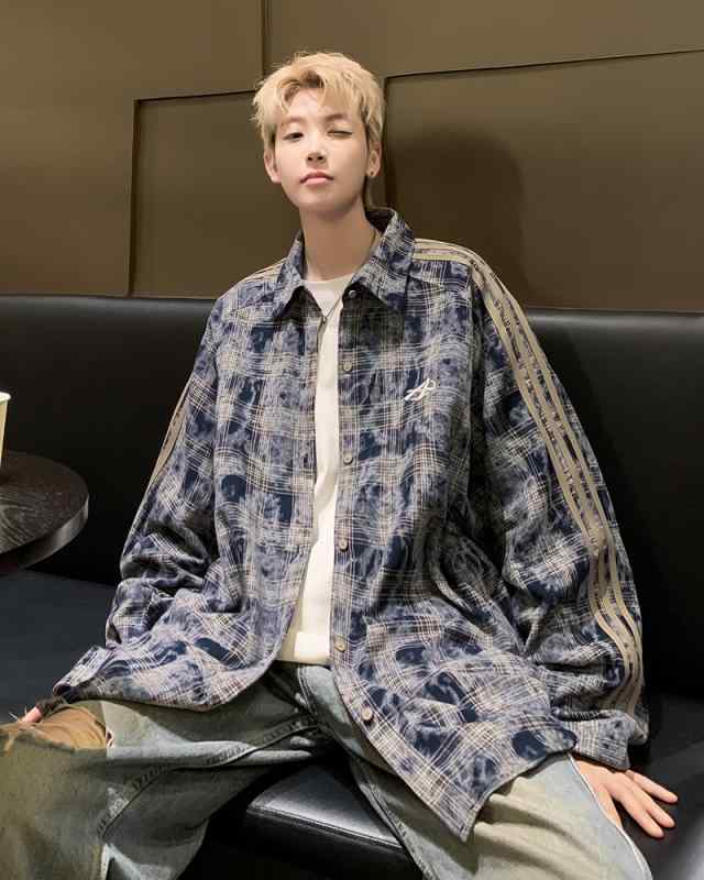 メンズ カジュアル シャツ 長袖 大きいサイズ 男性 紳士 女性 レディース 春秋 レギュラーカラー ルーズ 普段使い 羽織り レトロ 青 絞り染め タイダイ チェック 3本 ライン