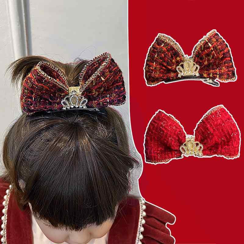 ヘアアクセサリー 子供 リボン クリップ かわいい 小さめ 立体 チェック ツイード 少女 プリンセス クラウン 女の子 ワインレッド 赤