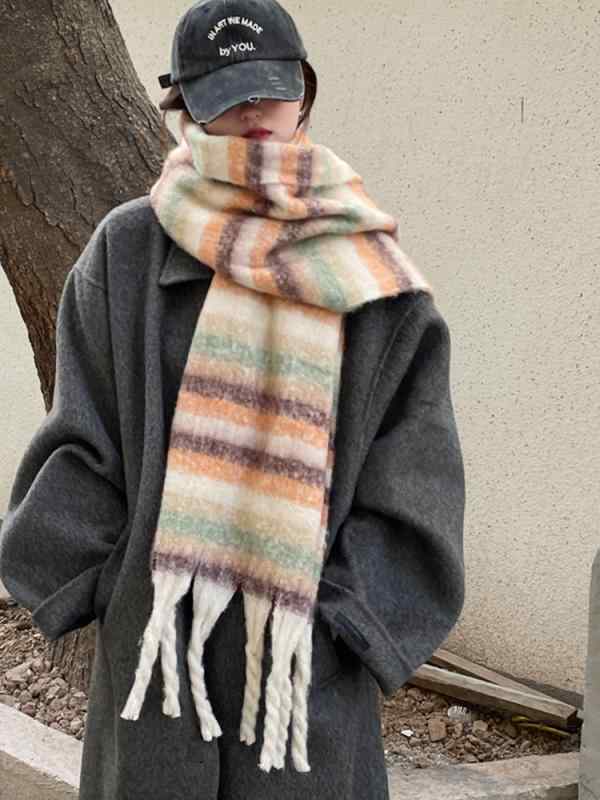 マフラー レディース ストール 防寒 暖かい 春秋冬 ストライプ 厚手 ロング フリンジ付き 柔らかい 長方形 多用途 韓国 学生 ネックウォーマー プレゼント形状: 長方形適用季節：春.秋.冬