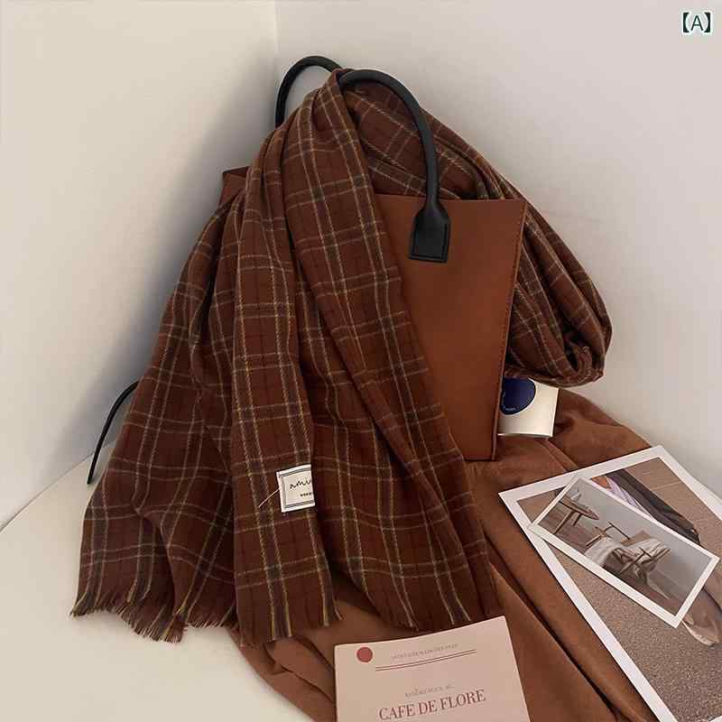 マフラー レディース ストール 防寒 暖かい 春秋冬 チェック 大判 厚手 多用途 長方形 柔らかい カジュアル ブラウン 緑 韓国 男女兼用 プレゼント形状: 長方形適用季節：春.秋.冬