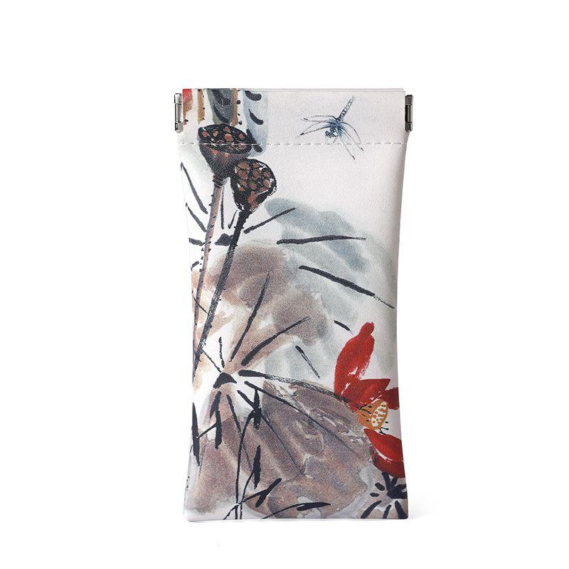 メガネケース おしゃれ 大人 収納袋 ポータブル コンパクト 持ち歩き 軽量 保護 サングラスカバー チャイナ風 蓮 葉 花 レディース ソフトレザー 多用途