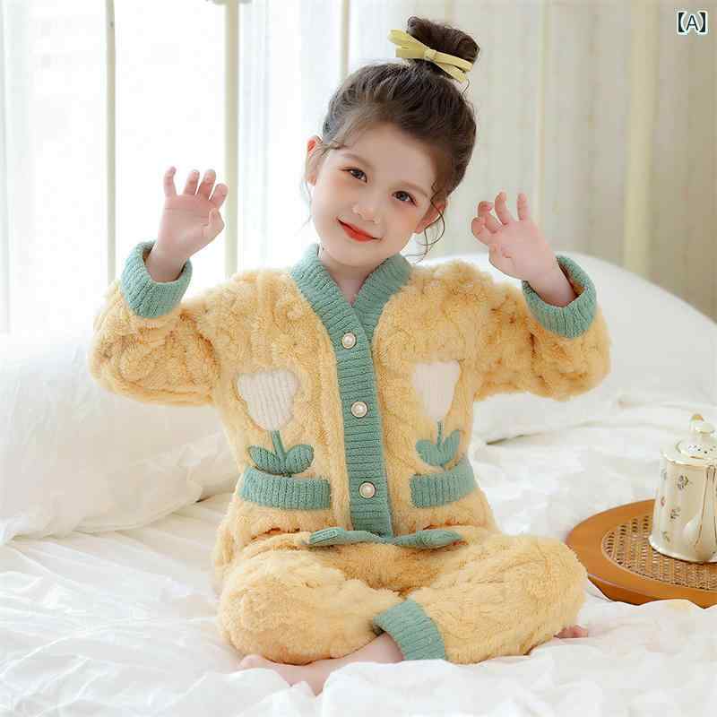 もこもこ パジャマ 子供 キッズ 女の子 ルームウェア 暖かい 長袖 秋冬 上下セット 起毛 フランネル 柔らかい 前開き 襟無し Vネック ウエストゴム かわいい 紫 黄 ピンク クマ 花 リボン質感: フランネル季節：冬