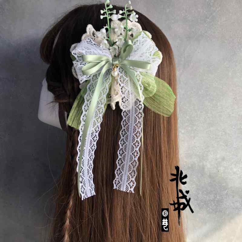 りぼん ブローチ レトロ ロリータ スズラン レース リボン ヘアピン クリップ 森 ガールリボン かわいい ファッション アクセサリー パール アクセント 大きめ サイド フェミニン フォーマル 卒業 入学 結婚式 緑