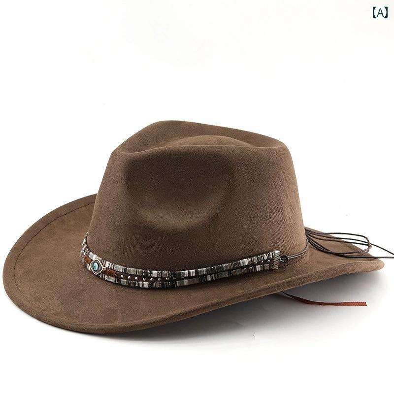 ウエスタン カウボーイ ハット チベット アメリカン メンズ レディース スエード 小道具 コスプレ 旅行 刺繡 ビーズ 紐 結び エスニック 茶 ピンク 黒