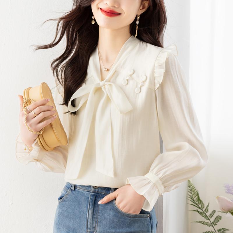 入学式 ブラウス レディース 長袖 Vネック プルオーバー プリーツ レース シフォン シャツ 豪華感 おしゃれ 女性 春 緑 アプリコット 無地 ファッション 大きいサイズ