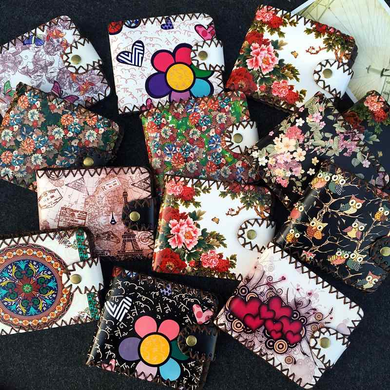 財布 レディース レトロ PU 合皮 プリント バックル 二つ折り ハート ふくろう 手作り 花 ウォレット ポケット 黒 白 黄 女性 大人 学生 個性的 小銭 お札素材：PU材料技術: プリント閉鎖方法: バックル