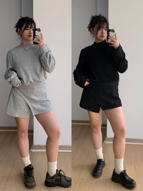 ぽっちゃり セットアップ 大きいサイズ ゆったり 春秋 スタンドカラー 長袖 トップス レディース スカート ミニ丈 グレー 黒 白 カジュアル