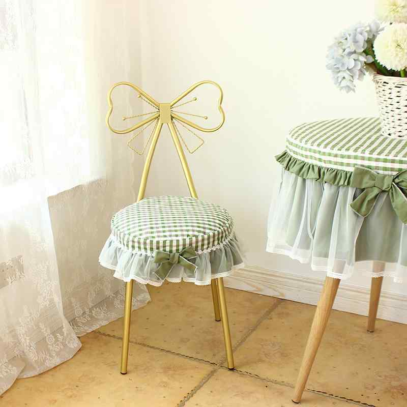 椅子カバー 座面 スツール イス 保護 防塵 キズ防止 防汚 インテリア チェック 綿 生地 レース フリル リボン ラウンド 円形 かわいい 緑 青 ピンク素材: 綿仕様：直径30cm高さ13cm