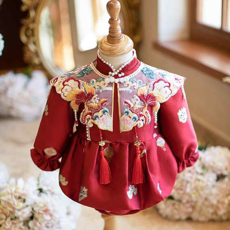 ロンパース 女の子 チャイナ風 長袖 ベビー 誕生日 パーティー 春秋 スタンドカラー タッセル ビジュー 刺繡 金魚 赤 ポリエステル